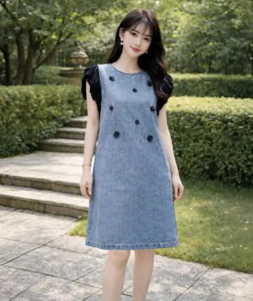 Đầm suông jean tay lụa đính hoa | Muasam24 - Yên Tâm Mua Sắm